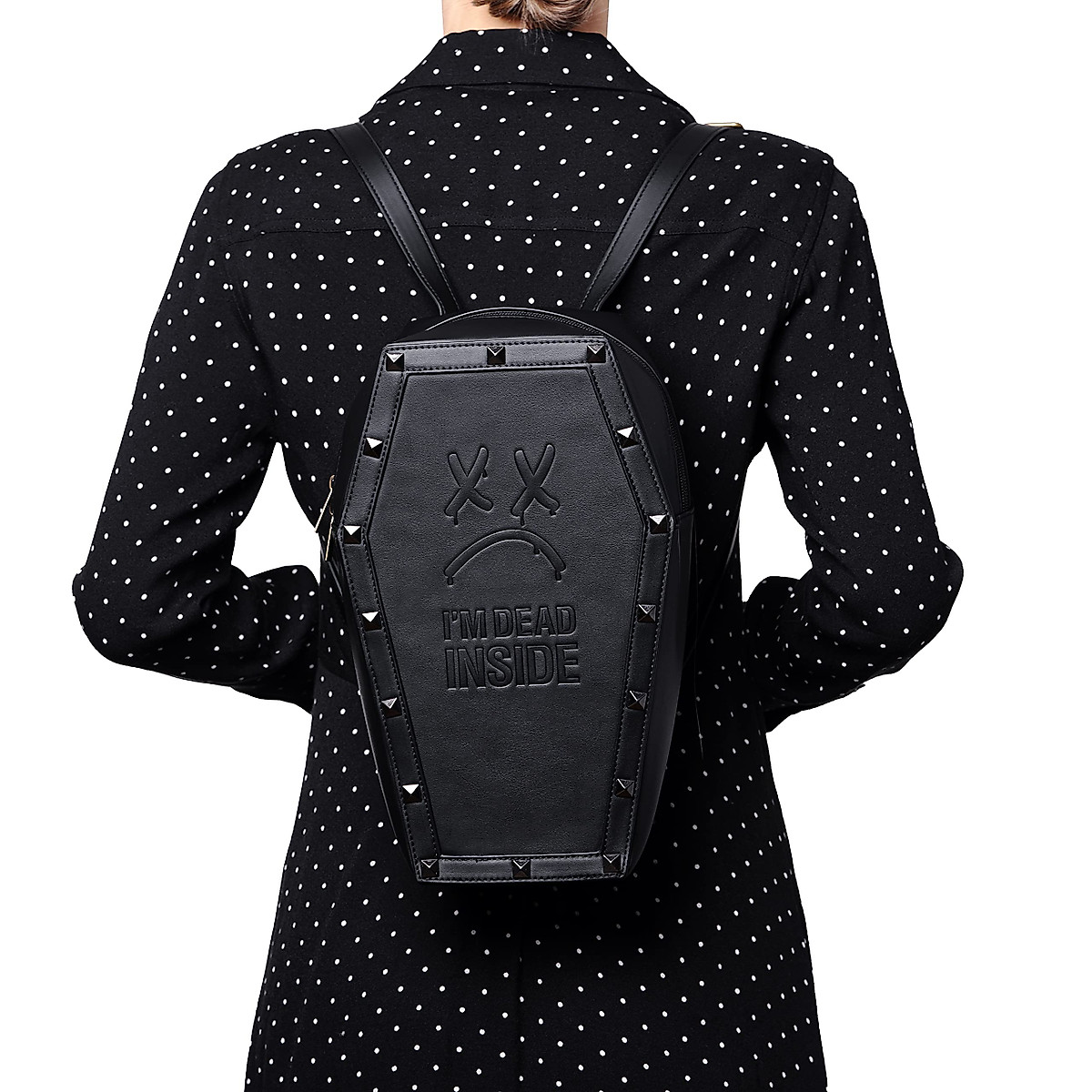 Moody Monday ‘I’m Dead Inside’ Studded Coffin Backpack - Embossed Premium Vegan Leather Black Book Bag - Adjustable Straps with Zip Closure - Goth & Gothic Accessories - Grunge Emo Punk Rock Clothing