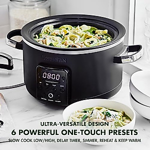 GreenPan 6-in-1 4QT Electric Ceramic Slow Cooker with Glass Lid, Multifunction Presets, Hard Anodized PFAS-Free Removeable Nonstick Crock, Dishwasher Safe, Auto Warm, Delay Timer, Stews, Reheat, Black
