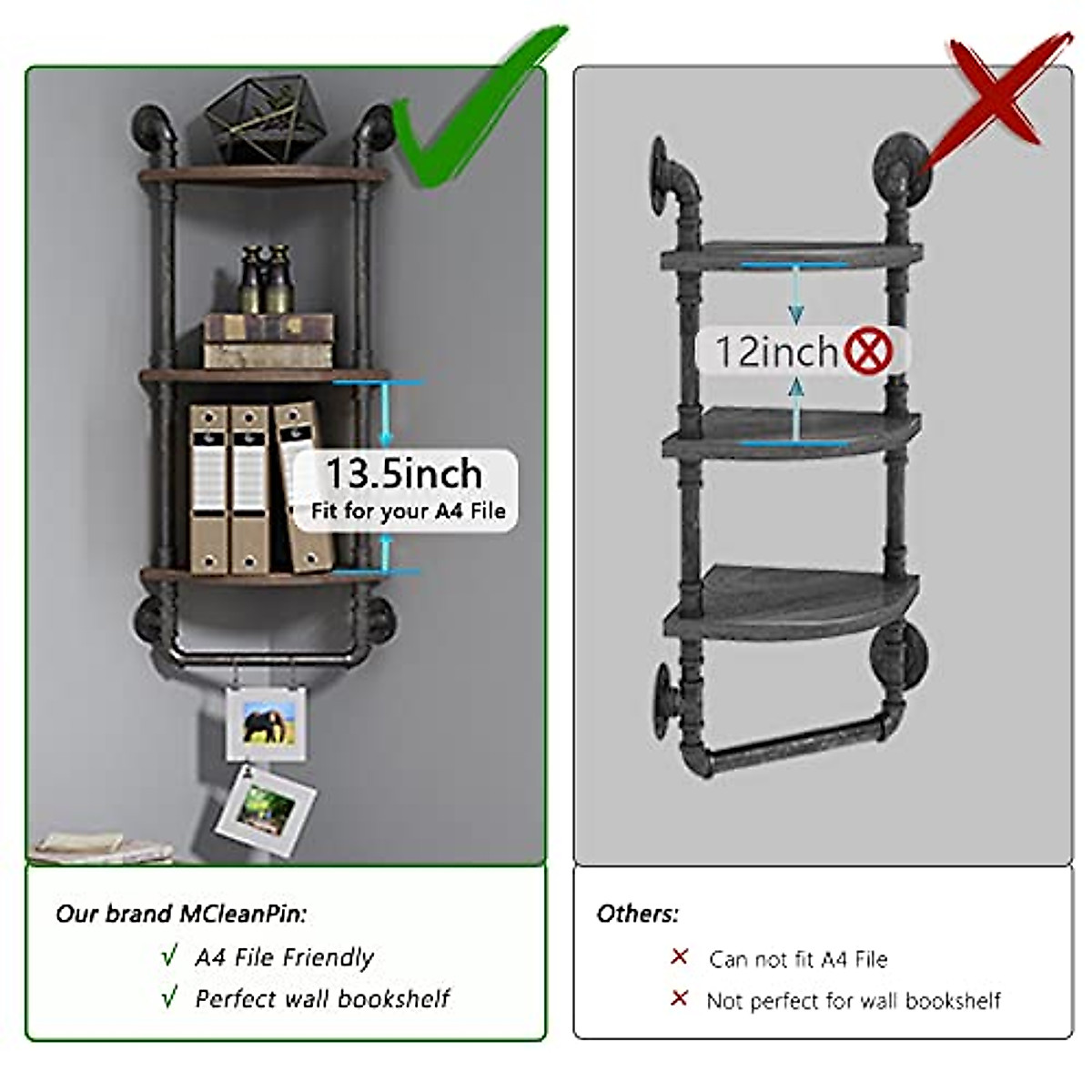 MCleanPin Industrial Pipe Corner Shelving,Rustic Corner Shelf Wall Mount, Corner Floating Shelf 3-Tiers Bathroom Pipe Shelves,Industrial Pipe Wood Shelves