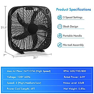 Tangkula 3-Speed Box Fan, 20 inch Floor Fan for Full-Force Circulation with Air Conditioner, 3 Settings, Adjustable Dial, Carrying Handle, Portable Floor Fan for Home, Compact & Lightweight (Black)