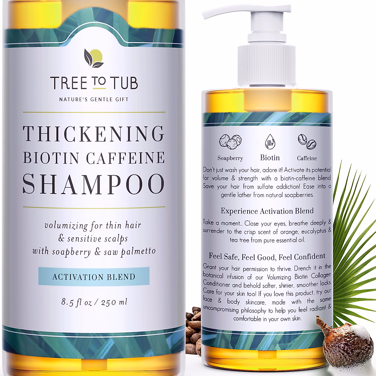 Tree To Tub Biotin Fine Hair Thickening Shampoo for Thicker, Fuller Volume - Gentle Volumizing Sulfate Free Argan Oil Shampoo for Women & Men w/Caffeine, Organic Saw Palmetto, All Natural Tea Tree