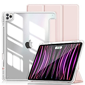 Hoidokly Case for iPad Pro 12.9 6th/5th/4th/3rd Generation (2022/2021/2020/2018), Thin Clear Shell Smart Trifold Stand 12.9 inch Protective Transparent Cover with Pencil Holder Auto Sleep/Wake, Pink