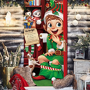 WovWeave Christmas Elf Door Cover Funny Merry Christmas Door Cover Decorations Santa Elves Xmas Party Hanging Banner Backdrop Background for Front Door Christmas Holiday New Year Supply, 71 x 35 Inch