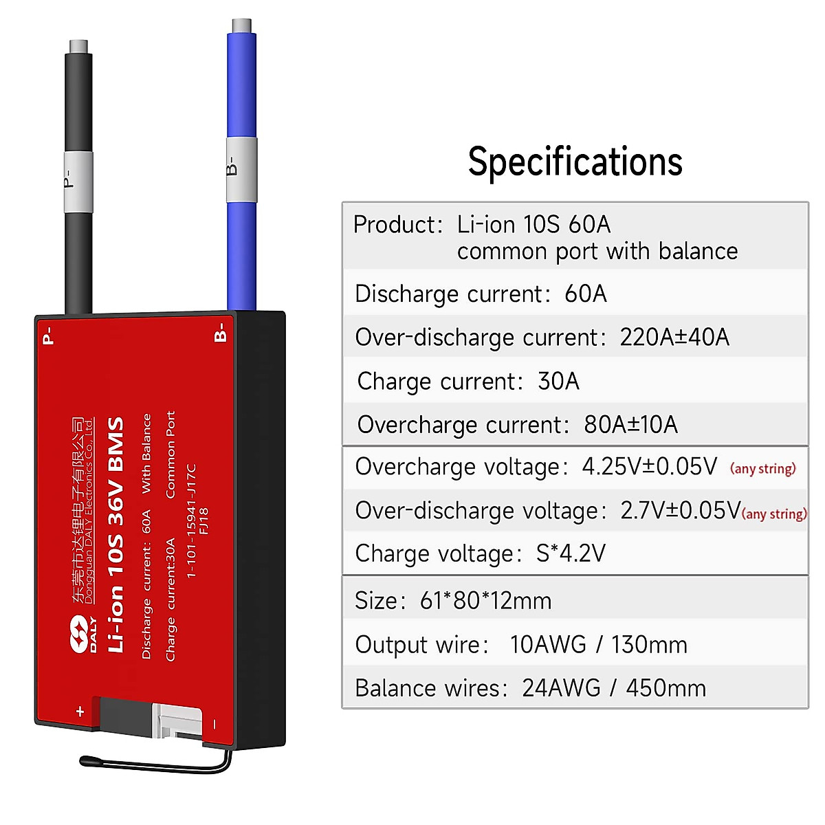DALY BMS 10S 36V 60A Li-ion Battery Protection Module PCB Protection Board with Balance Leads Wires BMS for 18650 Battery Pack 36V(Standard BMS,60A)