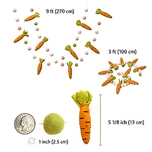 Glaciart One Felt Ball & Carrot Garland - Fun Party Decorations for Easter, Spring & Birthdays - Home Decor for Living Room, Bedroom, Baby Room - 100% Natural Wool Pom Poms with Cotton String - 9 Ft.