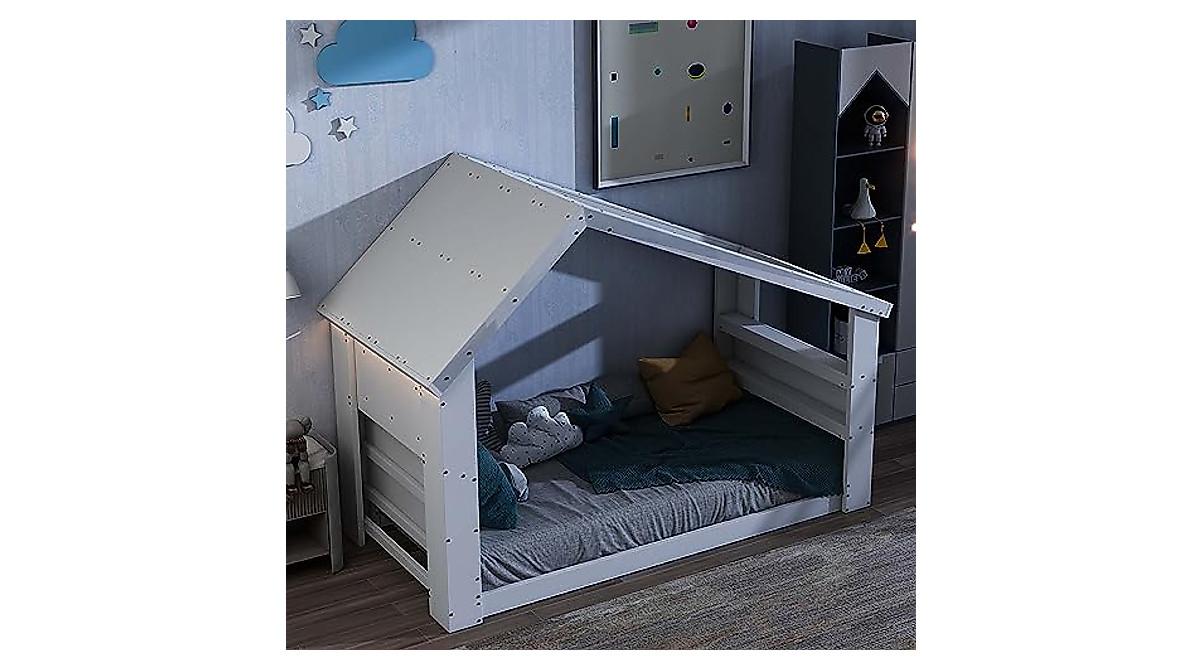 Fun Twin Size Wood House Floor Bed with LED Light