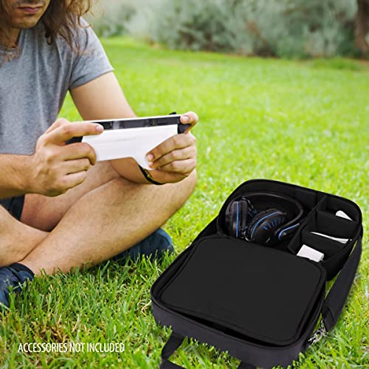 USA GEAR Carrying Case Compatible with Logitech G Cloud Handheld Gaming Console - Travel Bag for Headsets, Bluetooth Headphones, More Gaming Accessories - Customizable Interior, Shoulder Strap - Black