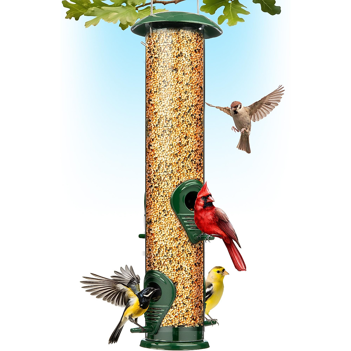 Gray Bunny Metal Bird Feeder, 4-Port Wild Bird Feeders for Outdoors Hanging, Heavy Duty Chew-Proof and Rust-Proof Tube Feeder, 15 Inches