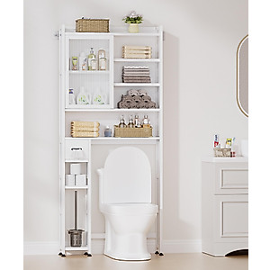 Cozivolife Over The Toilet Storage Cabinet with Acrylic Door Panel and Paper Towel Drawer, Bamboo Toilet Shelf, Organizer Rack Above Toilet for Bathroom (Without Power Strip, White)