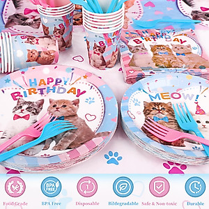 Cat Birthday Decorations, 146Pcs Cat Birthday Party Supplies-Serves 24 Cat Party Disposable Tableware with Cat Party Plates Cups Napkins Tablecloth Balloons for Kitten Girls Birthday Party Decorations