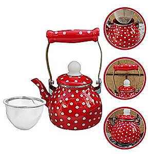 CALLARON Enamel Tea Kettle Enamel Tea Kettle Metal Tea Pot Hot Water Boiling Jug with Wood Filter Coffee Maker Water Warmer Gas Stovetop Teapot for Home Kitchen Winter 1.5L Red