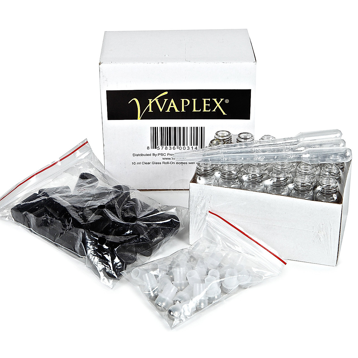 Vivaplex, 24, Clear, 10 ml Glass Roll-on Bottles with Stainless Steel Roller Balls. 3-3 ml Droppers included