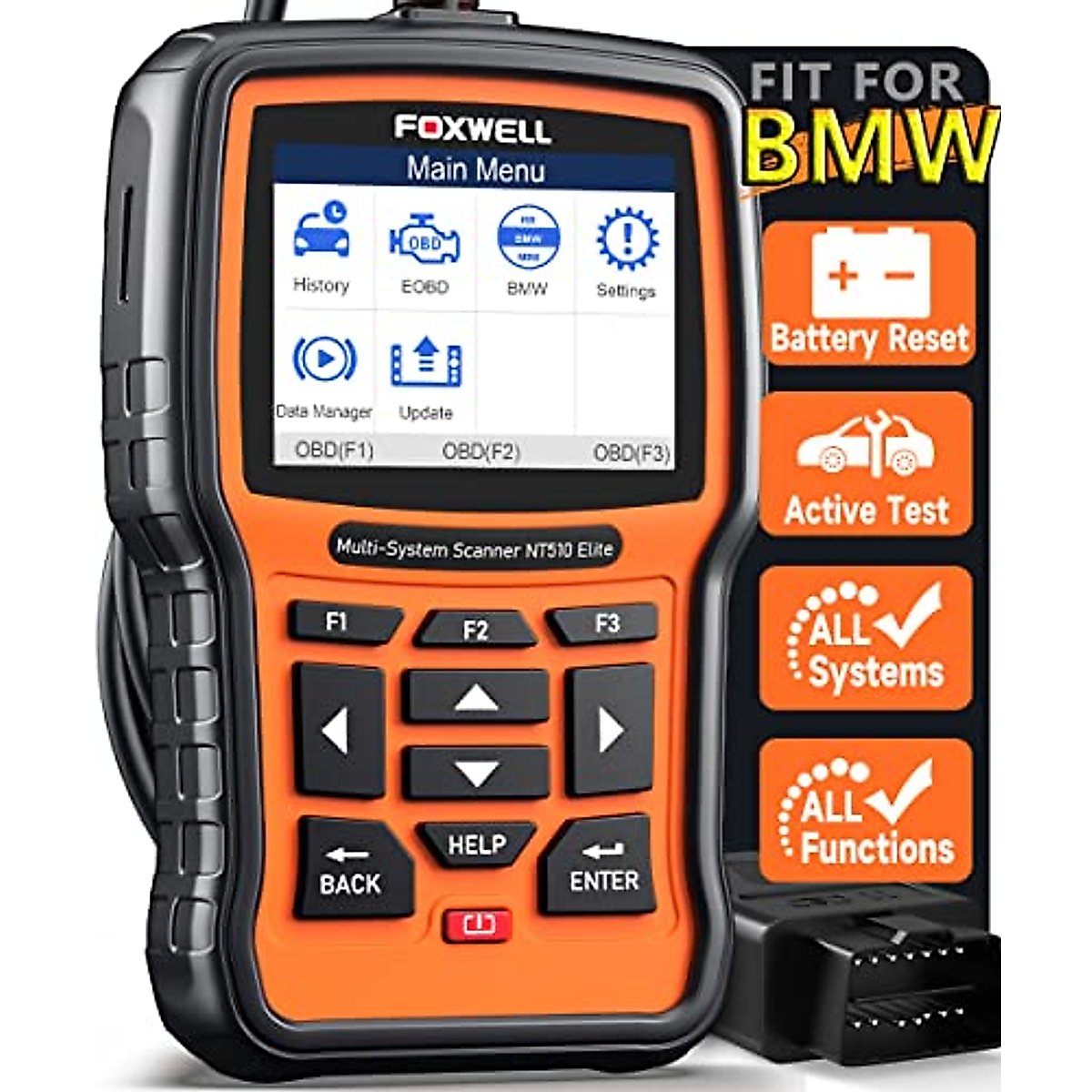 FOXWELL NT510 Elite OBD2 Scanner fit for BMW Full System Car Code Reader Diagnostic Tool with All Reset Services, Battery Registration ABS Bleed Airbag EPB Oil SAS TPS CKP Bidirectional Active Test