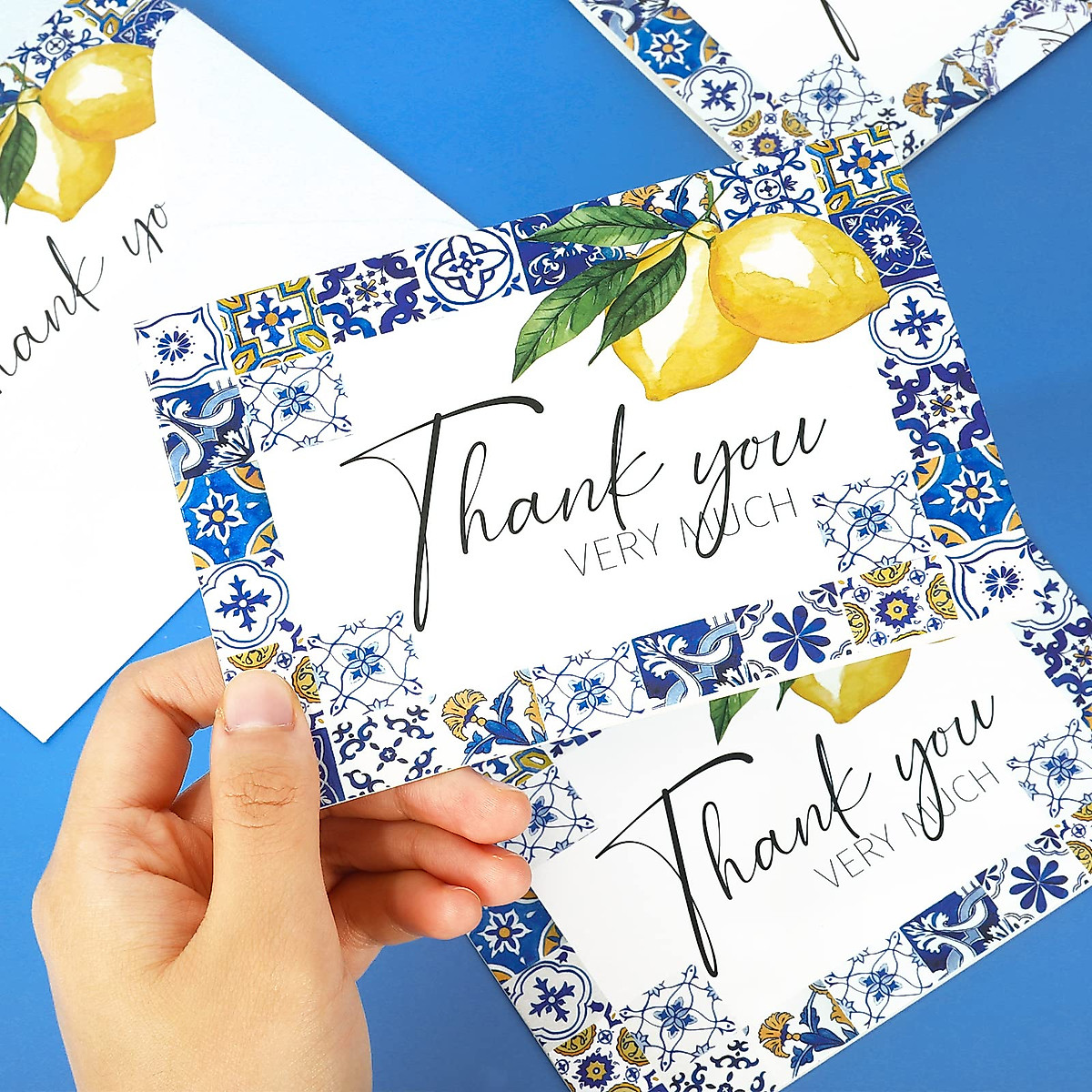 AnyDesign Lemon Thank You Cards Bulk 24 Pack Thank You Note Cards with Matching Seal Stickers Envelopes Blue Tiles Lemon Greeting Cards for Baby Shower Wedding Birthday Bridal Party and All Occasion