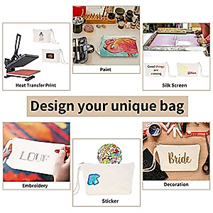 Muka 12 Pack Cotton Canvas Bag with Handle Strap, 7-1/2 x 4-1/4 x 2 Inches Heavy Duty Black Cosmetic Pouch