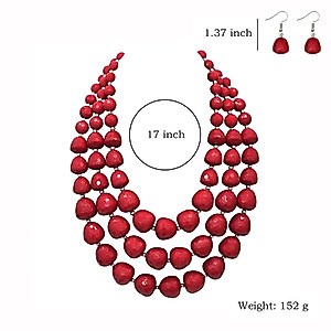 RUIYIMING Statement Chunky Multi Strand Colorful Beaded Necklace For Women Fashion Costume Jewelry Earring Set Bold African Acrylic Large Strawberry Bead 3 Layered Bib Collar Choker (red)