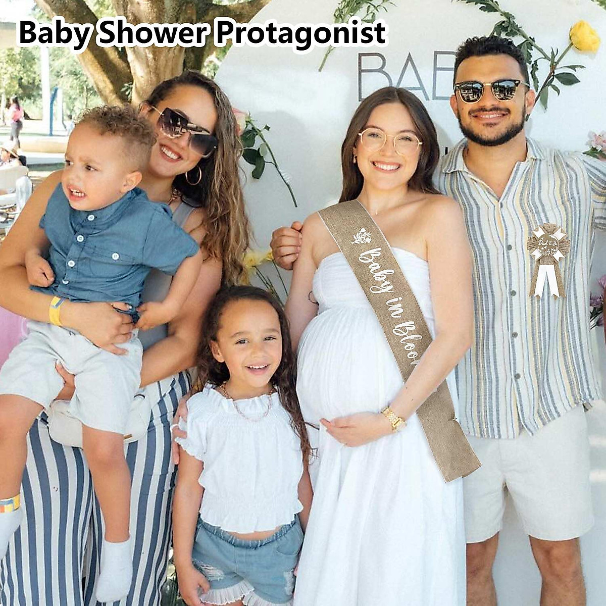 Neutral Mom to Be Sash Baby Shower Decorations,Burlap Baby in Bloom Dad to Be Corsage Wildflower Party Decorations for Pregnant Mommy Dress