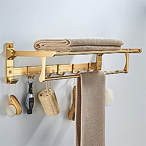 WANLIAN Towel Rack for Bathroom Adjustable 20 Inch Dual Towel Shelf with Double Bar Wall Mounted Stainless Steel Bath Towel Shelf Rack with Hooks Hotel Style Brass Gold (Gold)