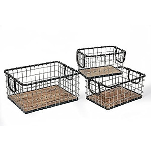 Rectangular Hand Welded Farmhouse Metal Baskets In Set Of 3 with Rustic Wooden Bottom. Large one:16.14"X12.2'X7.08"H, Study and Sutitable For Laundry, Towel, Spice Rack, Storage, Tool Box, Picnic