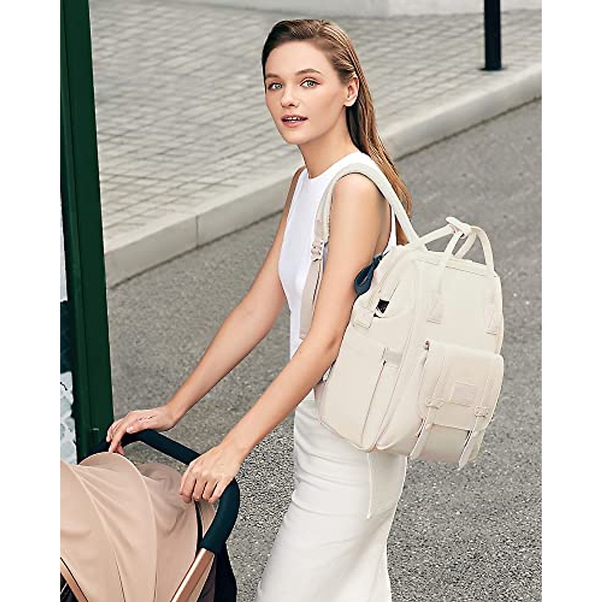 AUYRE Diaper Bag Backpack Nappy Changing Bags Waterproof Travel Backpack with USB Charging Port & Stroller Straps Baby Shower Gifts (Beige)