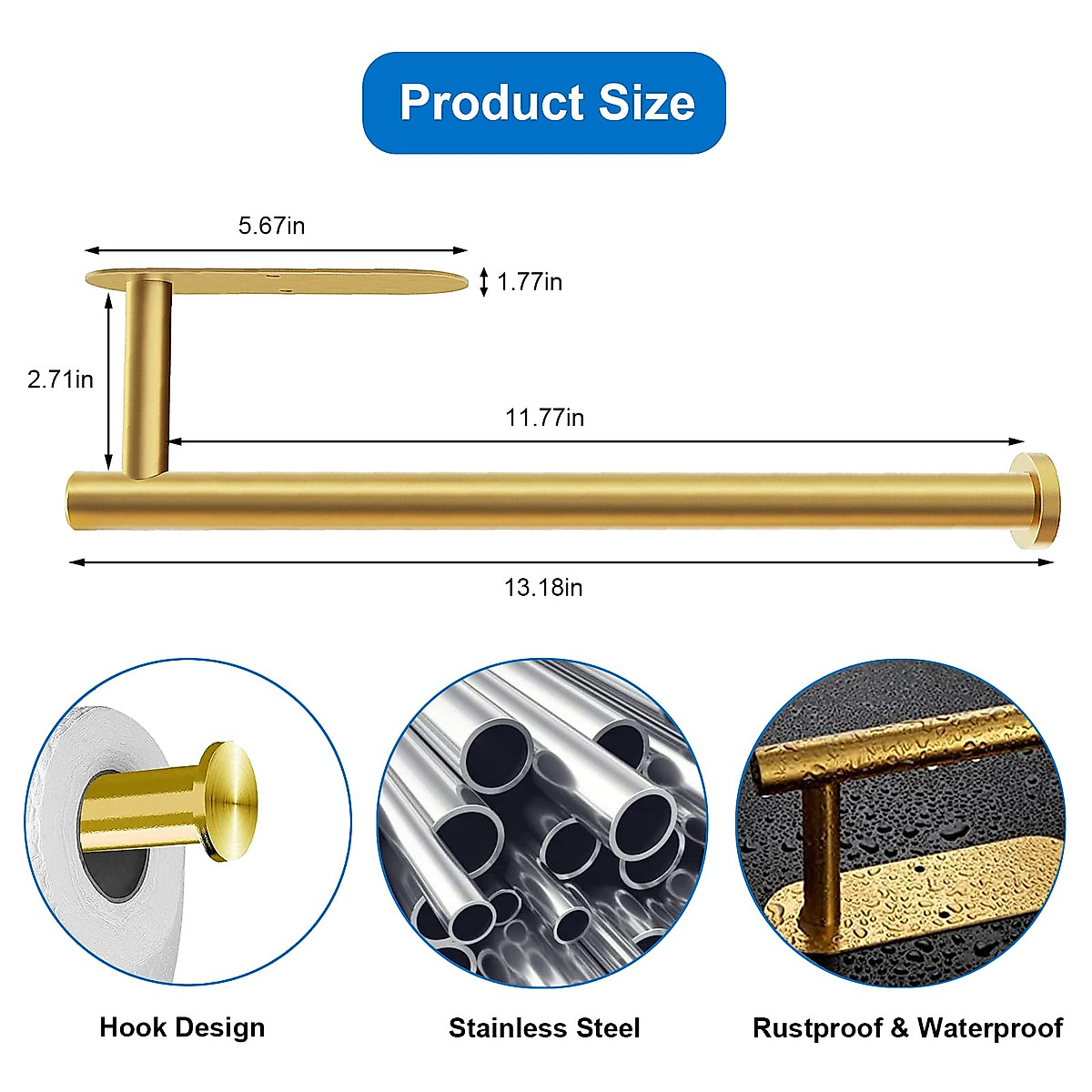 Paper Towel Holder Under Cabinet and Counter, Paper Towels Rolls - for Kitchen, Stainless Steel Paper Towels Bulk- Self Adhesive Wall Mount Both Available in Adhesive and Screws (Gold)