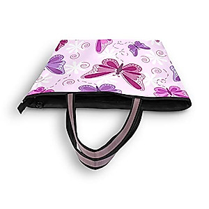 Tote Bag Art Purple Butterfly Print, Large Capacity Zipper Women Grocery Bags Purse for Daily Life 2 Sizes