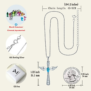 YL Cross Necklace 925 Sterling Silver Angel Wings Pendant Teardrop Created Aquamarine Criss Jewelry for Women