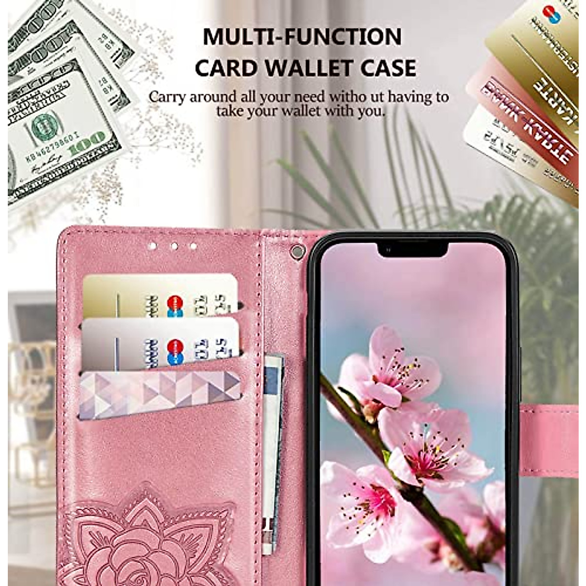 Designed for iPhone 13 Case Wallet for Women,Flip Folio Cover with Butterfly Embossed PU Leather Kickstand Credit Card Holder Slots Magnetic Wrist Strap Protective Phone Case for iPhone 13 (Pink)
