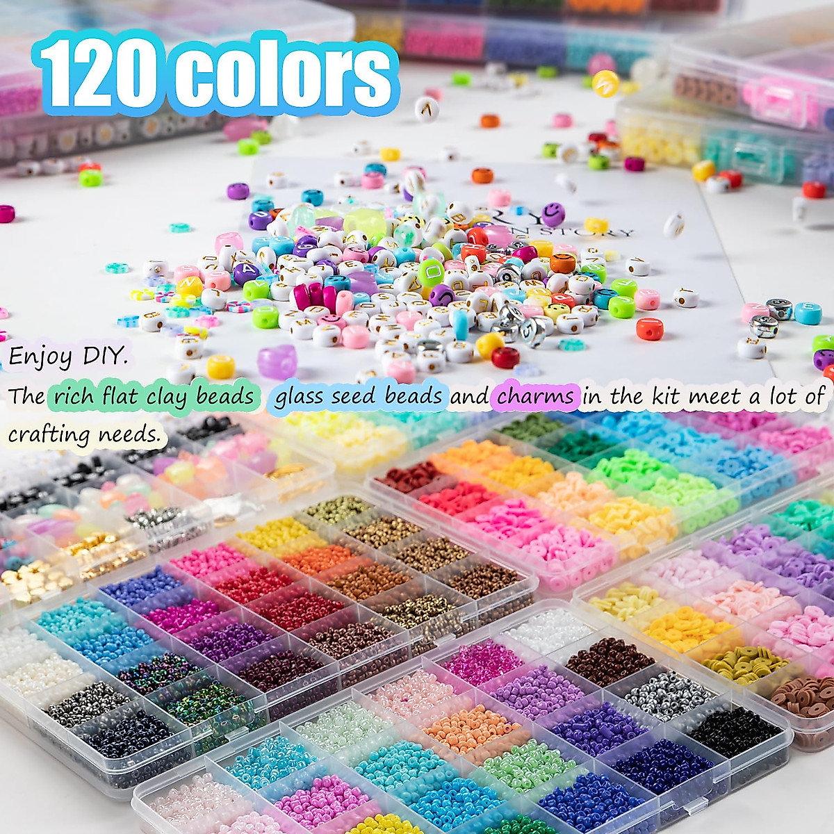 TINY FUN 6 Boxes 16800pcs 72 Colors Clay Beads and 48 Colors Glass Seed Beads for Friendship Bracelets Making Kit Heishi Beads with Letters Beads