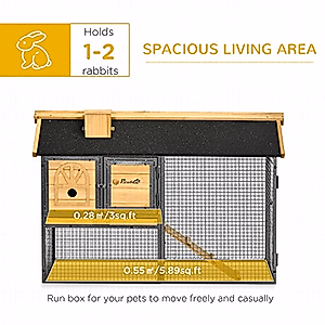 PawHut 47" Wooden Rabbit Hutch Outdoor with Run, Metal Frame, 2-Story Bunny Rabbit Cage with Removable Tray, Ramp, Bunny Hutch with Space-Saving Design