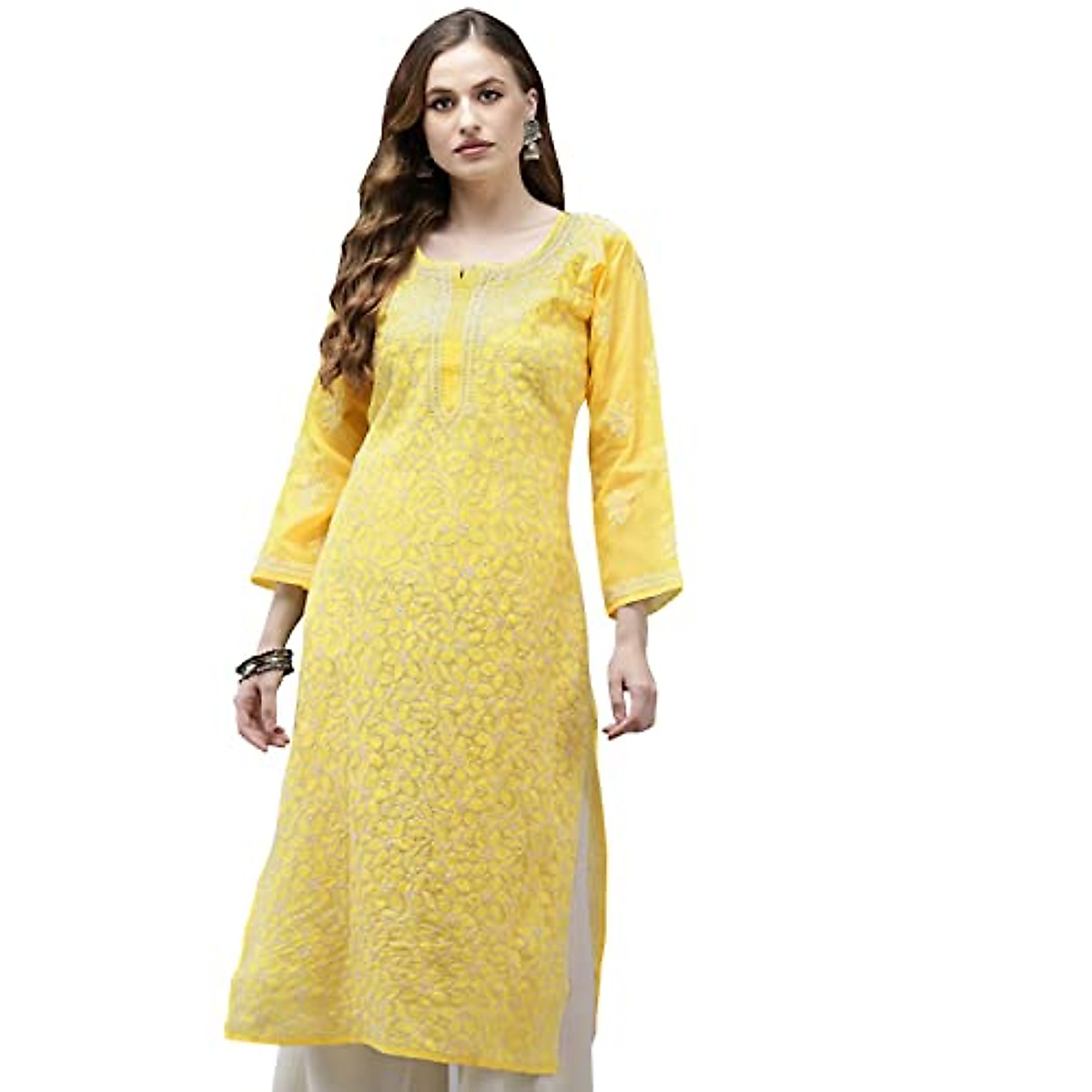 Ada Indian Hand Embroidered Chikankari Women's Cotton Straight Tunic Kurti Kurta A411345 (Yellow, 5XL)