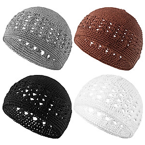 Kufi Hat for Men Knit Kufi Cap Crochet Beanie Kufi Hat Skull Cap for Men Women (Black, White, Gray, Brown, 4 Pieces)