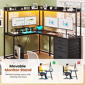 UPOSOJA L Shaped Gaming Desk with Shelves, Reversible Computer Desk with Power Outlet & LED Lights, Home Office Desks Writing Desk with 3 Drawers Monitor Stand Storage Hutch(Black)