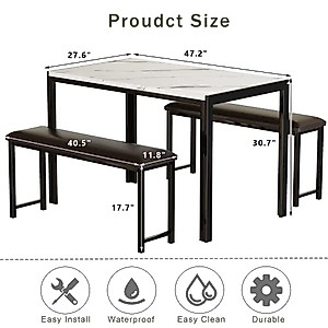 AWQM 3 Pieces Dining Room Table Set, Kitchen Table Set with Faux Marble Top Table and 2 PU Leather Upholstered Benches for Breakfast Nook, Apartment and Compact Space, White