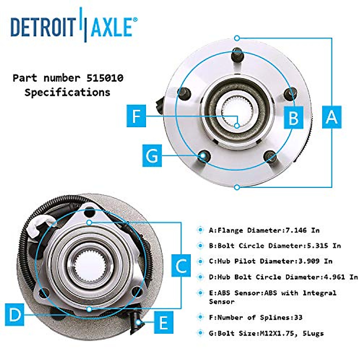 Detroit Axle - 4WD Front Wheel Bearing Hubs for 1997-2000 Ford F-150 [w/ 4-Wheel ABS], Replacement 1998 1999 F-150 Wheel Bearing and Hubs Assembly Set, Pair Hubs