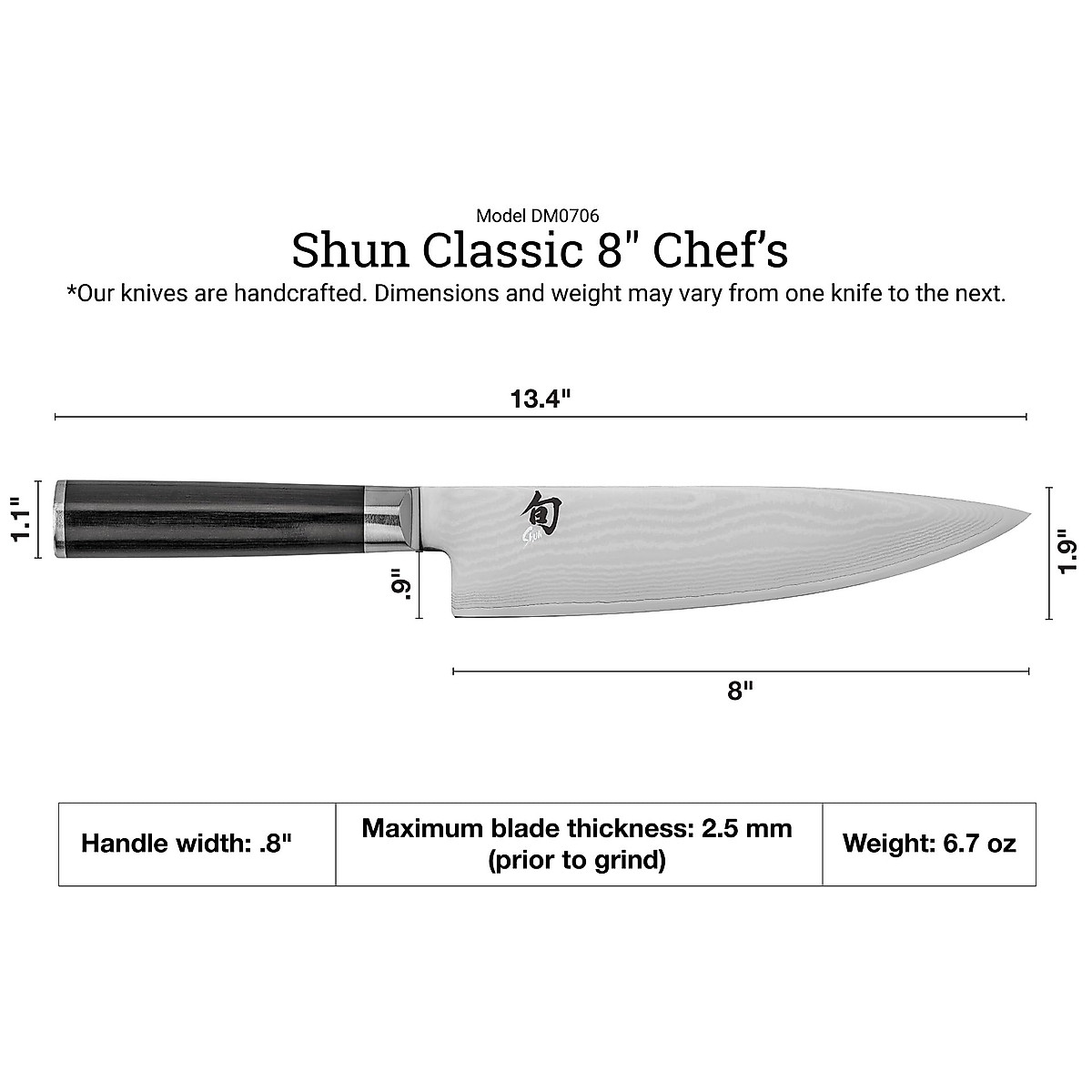 Shun Cutlery Classic Chef's Knife 8”, Thin, Light Kitchen Knife, Ideal for All-Around Food Preparation, Authentic, Handcrafted Japanese Knife, Professional Chef Knife