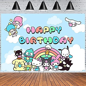 Hello Kitty, Kuromi, Cinnamoroll Birthday Party Supplies, Happy Birthday Backdrop for Kawaii Sanro Theme Party, 5 x 3 FT Keroppi Birthday Banner for Girls Boys Kids Birthday Party Decorations