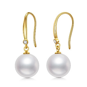 FENCCI 14K Real Gold Pearl Dangle Earrings for Women, Freshwater Cultured Pearl Drop Earrings with Moissanite Diamond Birthday Mothers Day Gift for Mom Wife Girlfriend