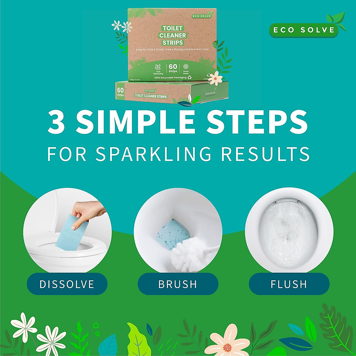 Natural Toilet Bowl Cleaner Strips, Eco-friendly, Non-toxic, Septic Safe, Removes Odors & Stains, Plastic-free, Natural Toilet Bowl Cleaner for Quick and Easy Cleaning, Toilet Fresheners (60 count)