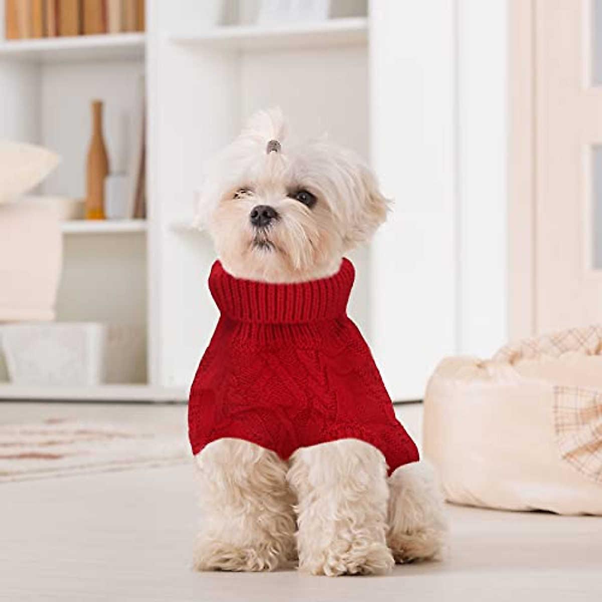 Weewooday 2 Pieces Dog Sweater Plaid Dress Turtleneck with Bow Tie Cold Weather Sweater Pet Sweater Pullover Knitwear Puppy Sweater for Fall Winter Red and Gray (Medium)