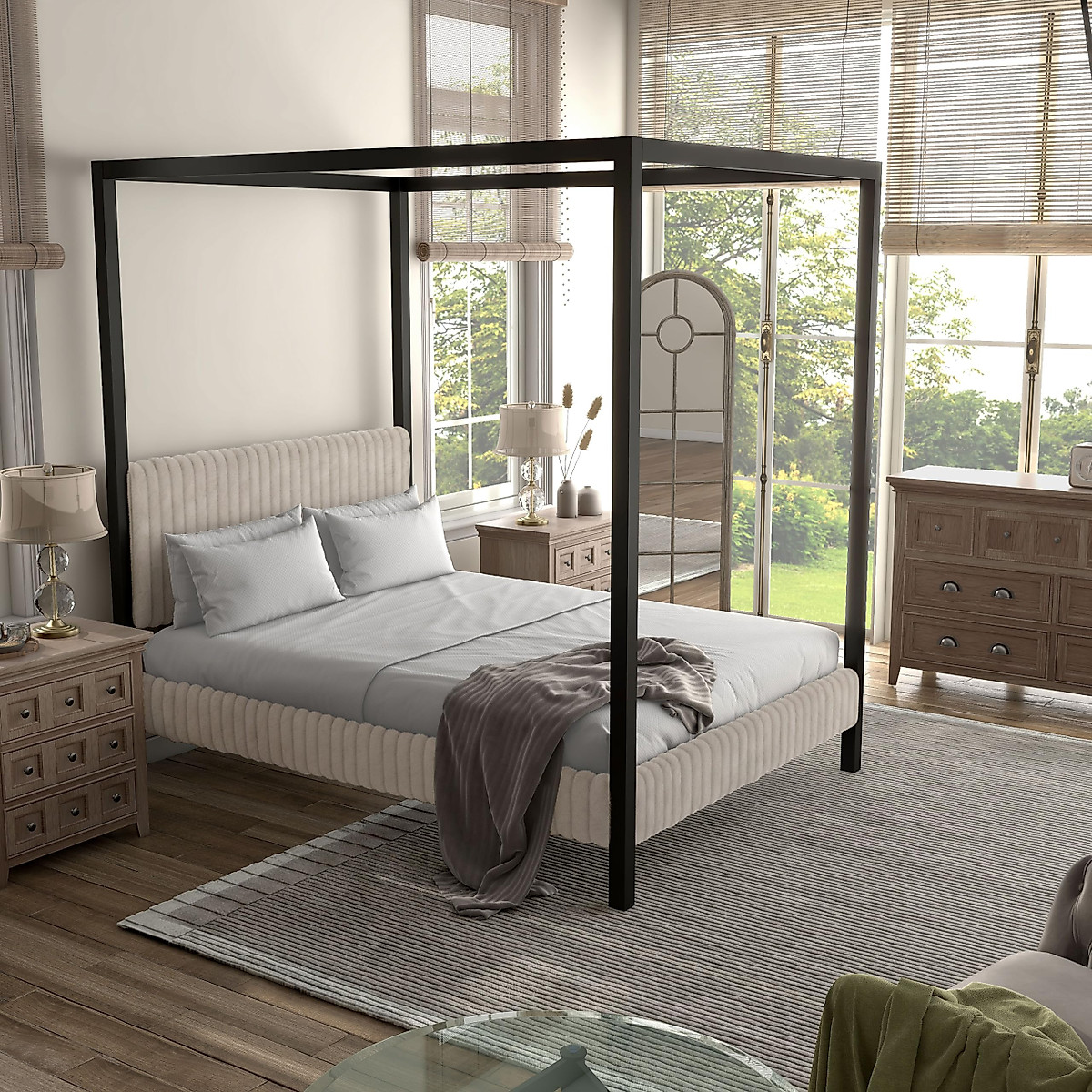 HOMES: Inside + Out Evadne Modern Canopy Bed Frame Queen Size with Channel Upholstered Headboard and Wooden Slats Support for Bedroom, Guest Room, No Box Spring Needed, Light Brown