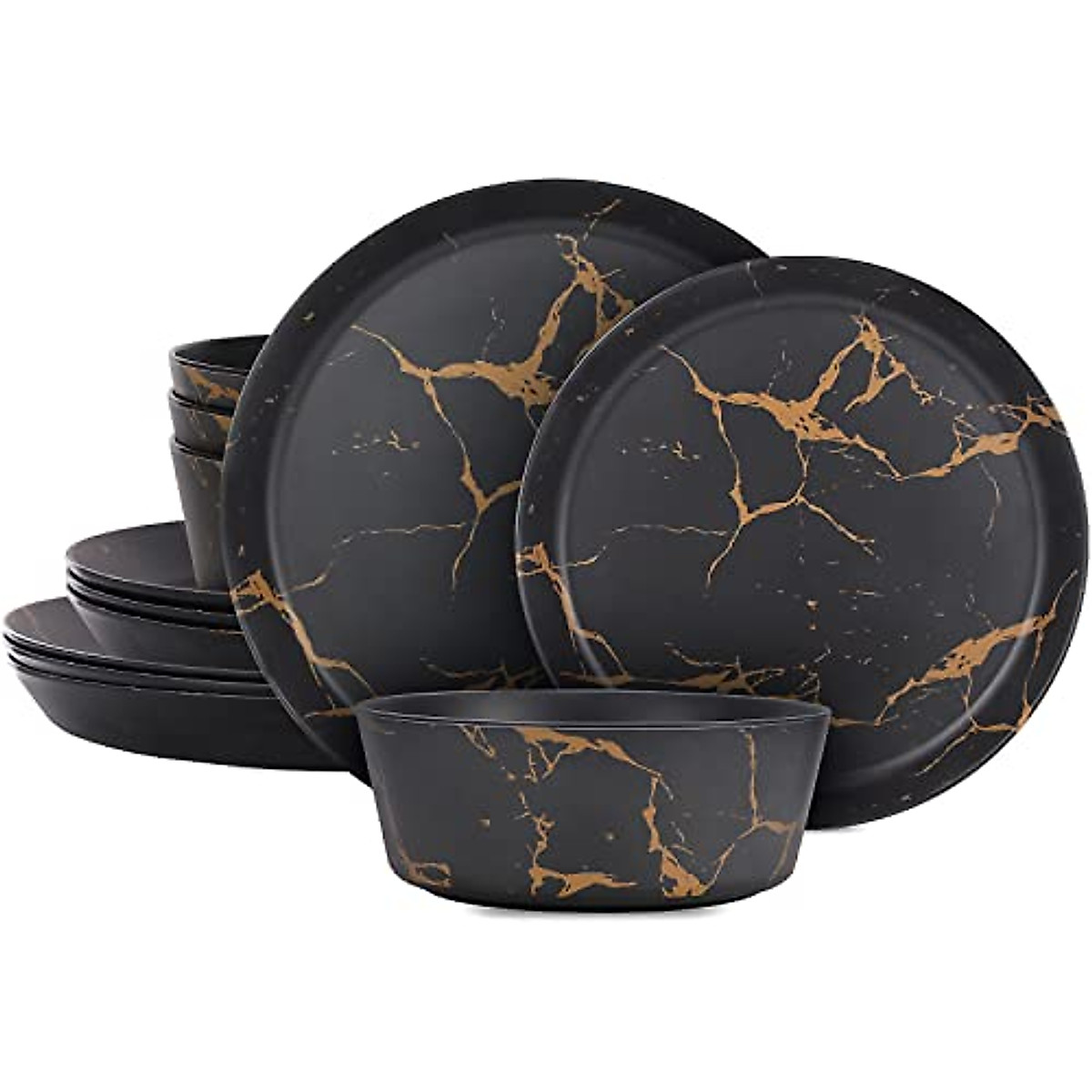 FELOVUWON Melamine Dinnerware Set 12Pcs Unbreakable Dinner Plates and Bowls Set for 4 BPA-Free Dishwasher Safe Dishes Set Suitable for Casual Indoor Outdoor Dining Party RV Camping (Black Marble)