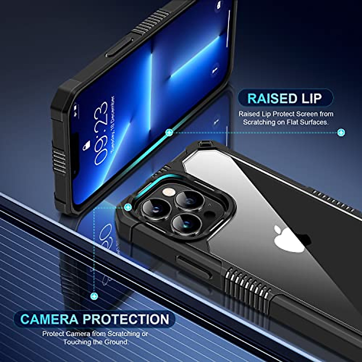 TENDLIN Compatible with iPhone 13 Pro Max Case with Screen Protector and Camera Lens Protector, Military Grade Drop Protection Crystal Clear Hard Back Soft Bumper Protective Case - Black