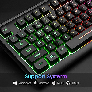 Rii Gaming Keyboard,87-Keys RGB Backlit Compact Keyboard,Silent Computer Keyboard,Wired Tenkeyless Keyboard for Laptop,PC,Windows,Mac