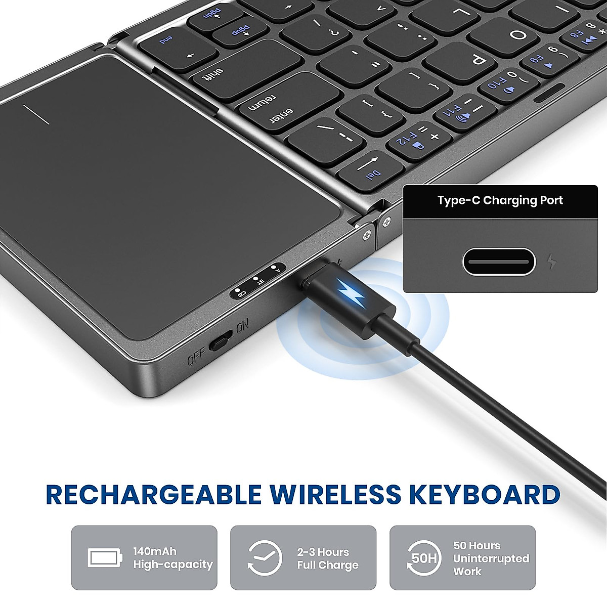 HAMOPY Foldable Keyboard, Leather Tri-Folding Wireless Portable Bluetooth Keyboard with Sensitive Touchpad Mouse (Sync Up to 3 Devices), Mini Rechargeable Travel Keyboard for Windows Mac Android iOS