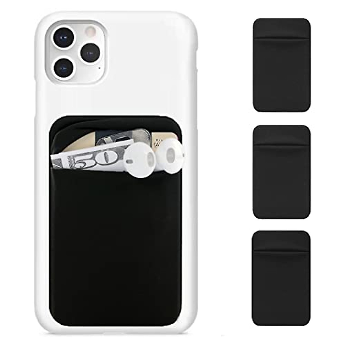 3Pack Lycra Cell Phone Card Holder (for Liquid Silicone Phone Case) Pocket Sticker Stretchy Credit/ID Card Sleeve Adhesive Stick on Wallet for Back of All Smartphones-Black with Flap