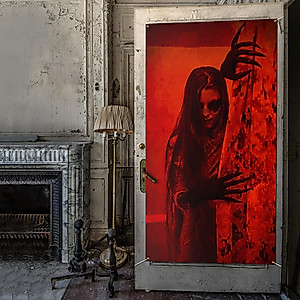 Halloween Theme Backdrop Door Banner Zombie Vampire Creepy Devil Hand Haunted House Terror Theme Happy Halloween Party Decoration Supplies for Men Boys Red