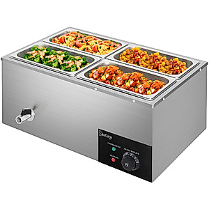 600W Commercial Food Warmer 5L x 4 Stainless Steel Plates Heating Food Warming Soup Pool 30-85°C/86-185°F