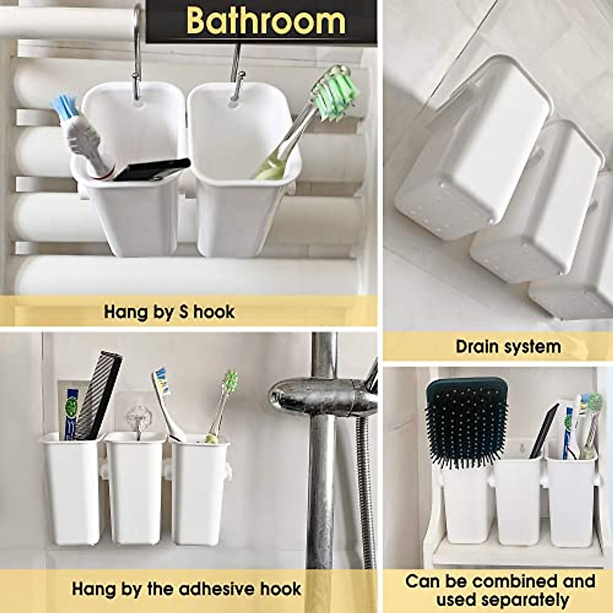 bystie Hanging Refrigerator Organizer, Desk Organization,Kitchen Storage & Bathroom Organizer, Makeup Organizer,Combinable 5 Pieces with Drain System, Stainless&Adhesive Hooks Included, BPA-free,White