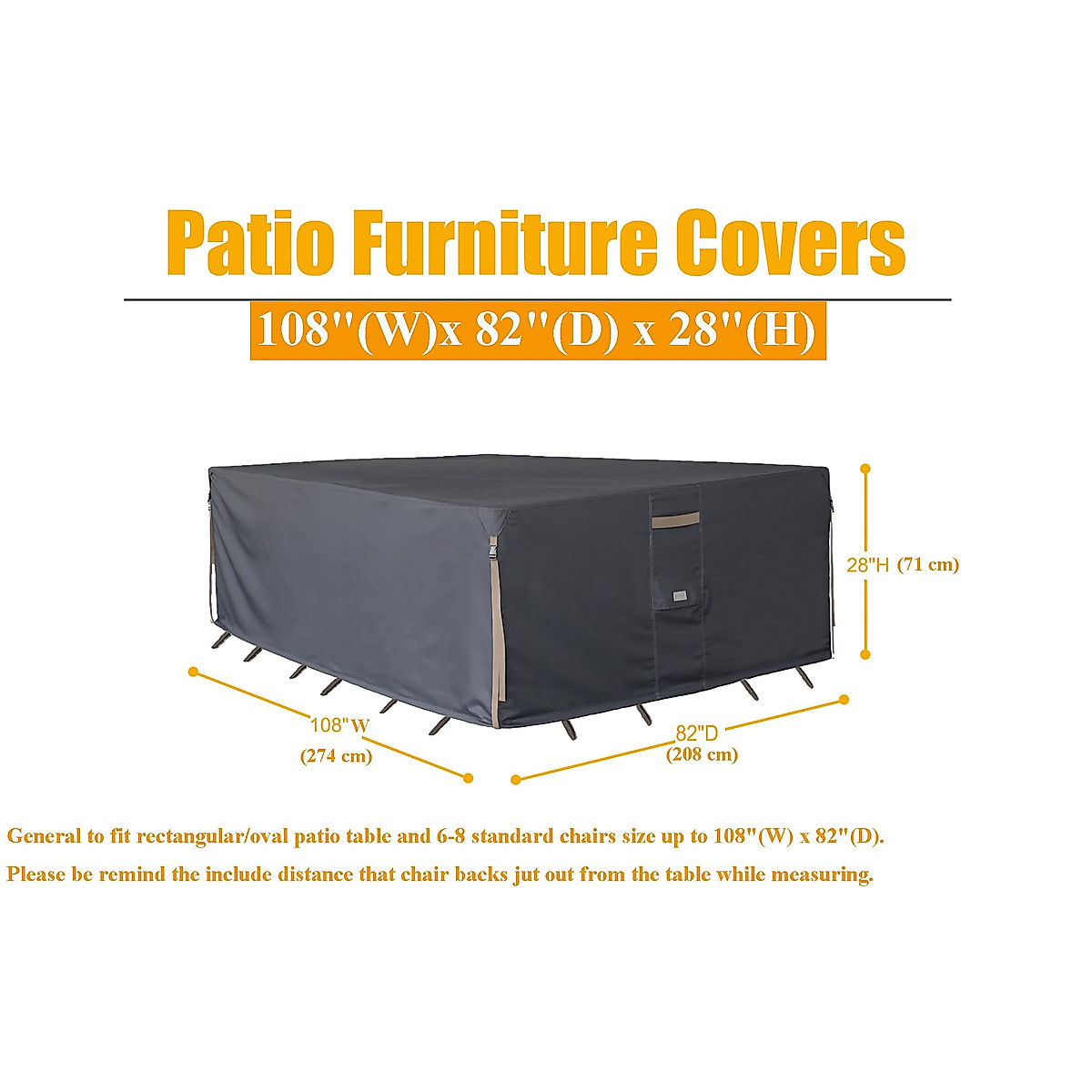 Garden Balsam Heavy Duty Waterproof Patio Furniture Covers,Fading Resistant Outdoor Table and Chair Covers Large Rectangular 108"Wx 82"D x 28"H Dark Grey